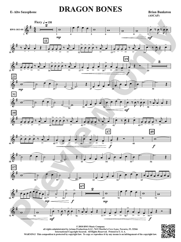 Dragon Bones: 1st E-flat Alto Saxophone: 1st E-flat Alto Saxophone Part: Brian Bankston ...