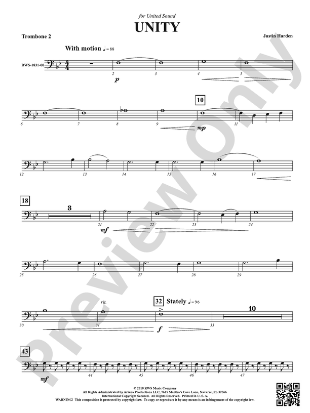 Unity: 2nd Trombone: 2nd Trombone Part: Justin Harden - Digital Sheet Music Download