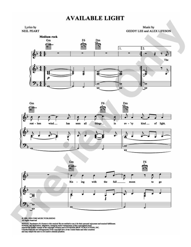 Available Light: Piano/Vocal/Chords: Rush - Digital Sheet Music Download