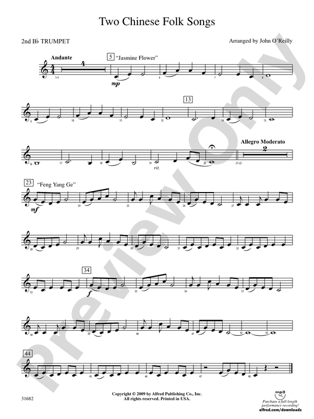 Two Chinese Folk Songs: 2nd B-flat Trumpet: 2nd B-flat Trumpet Part - Digital Sheet Music Download