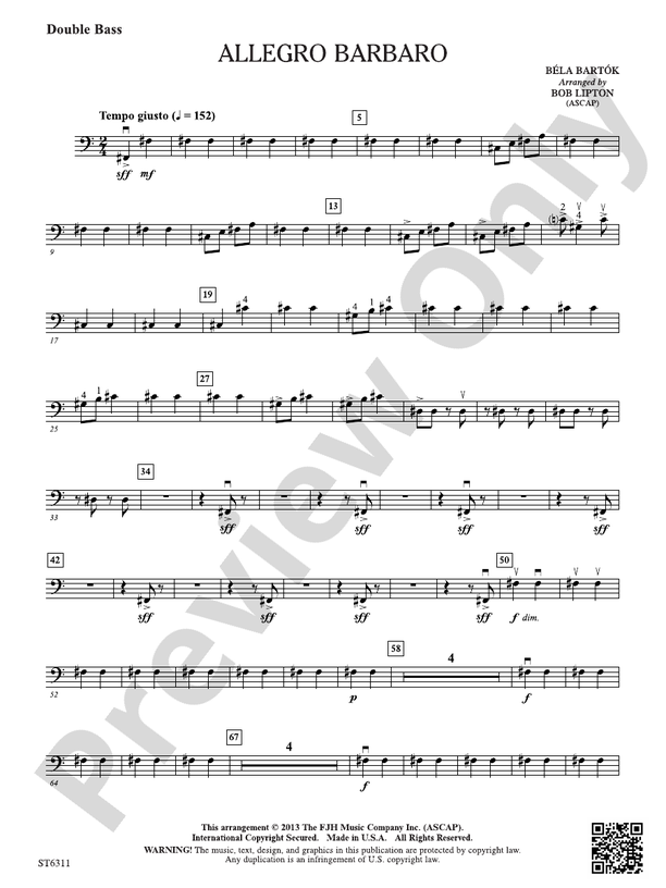 Allegro Barbaro: Double Bass: Double Bass Part: Bela Bartok - Digital ...
