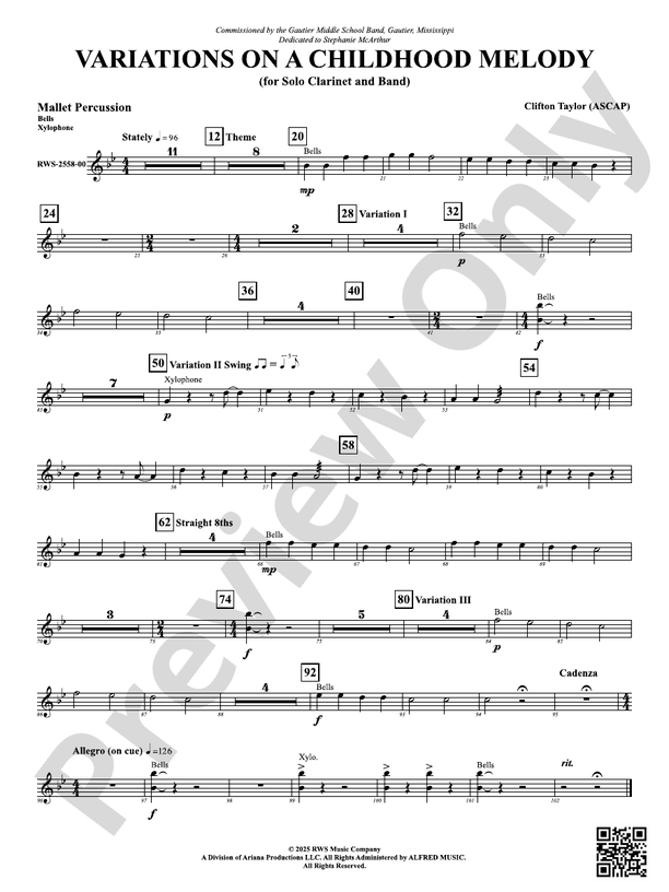 Variation On A Childhood Melody (for Solo Clarinet and Band): Mallet ...