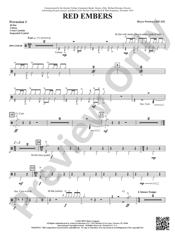 Red Embers: 2nd Percussion: 2nd Percussion Part: Bryce Newton - Digital Sheet Music Download