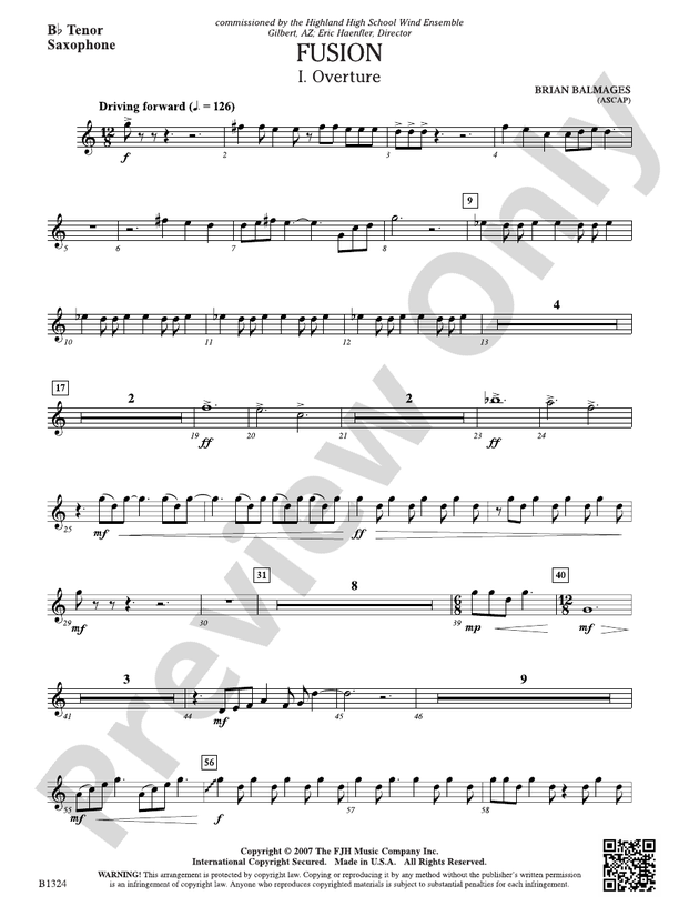 Fusion: B-flat Tenor Saxophone: B-flat Tenor Saxophone Part: Brian ...