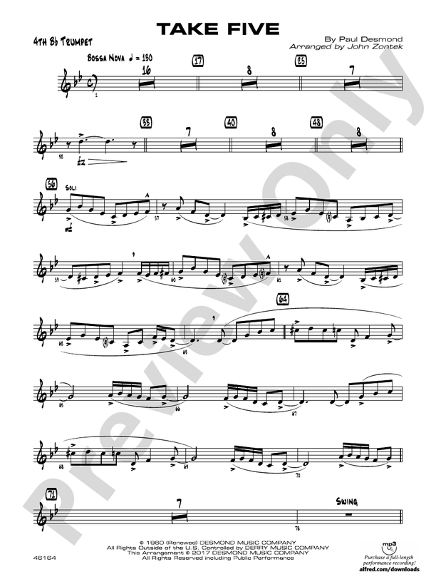Take Five: 4th B-flat Trumpet: 4th B-flat Trumpet Part - Digital Sheet ...