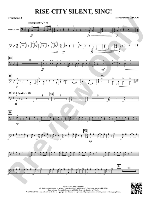 Rise City Silent, Sing!: 3rd Trombone: 3rd Trombone Part: Steve Parsons ...