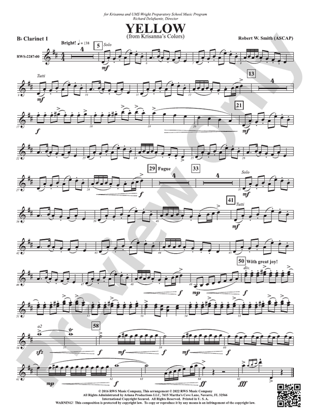 Yellow - From Krisanna's Colors: 1st B-flat Clarinet: 1st B-flat Clarinet Part: Robert W. Smith ...