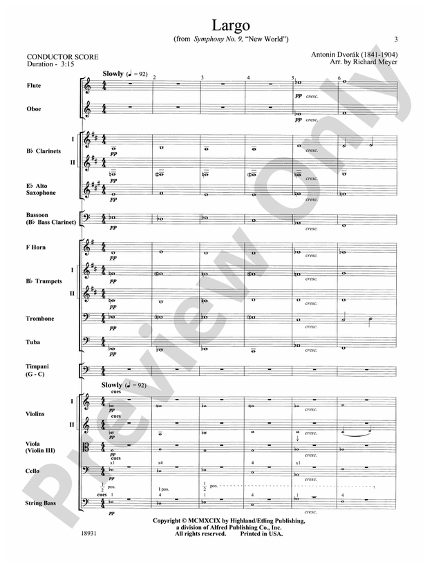 Largo from Symphony No. 9, "New World": Full Orchestra Conductor Score ...