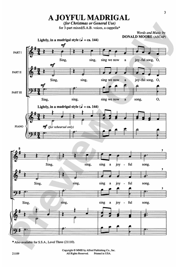 A Joyful Madrigal: 3-Part Mixed or SAB, a cappella Choral Octavo ...