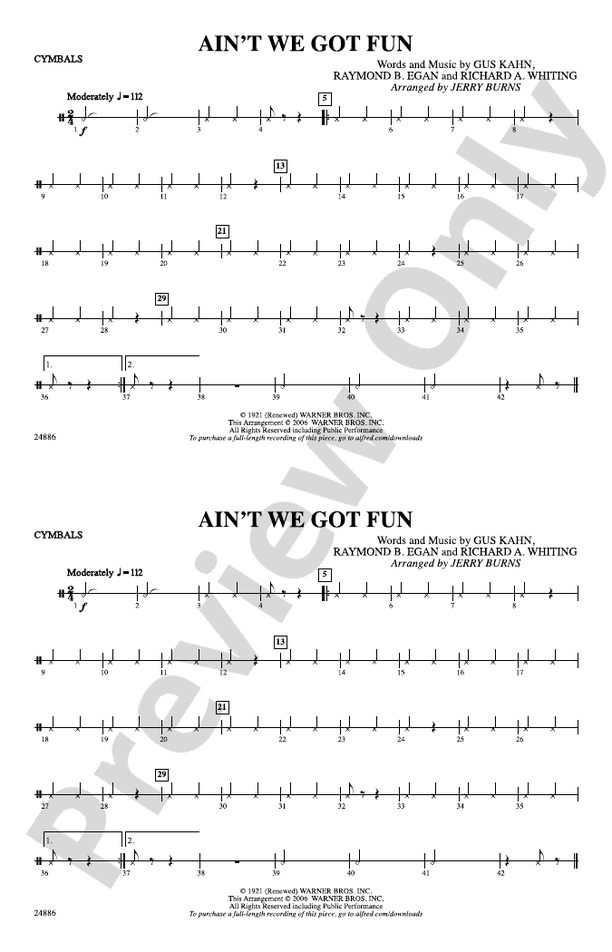 Ain't We Got Fun: Cymbals: Cymbals Part - Digital Sheet Music Download