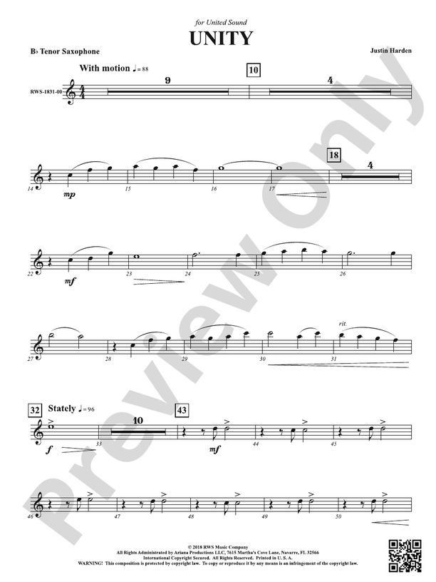 Unity: B-flat Tenor Saxophone: B-flat Tenor Saxophone Part: Justin Harden - Digital Sheet Music ...