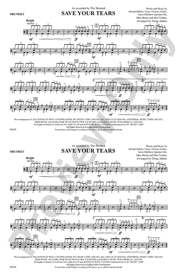 Save Your Tears: Drums: Drums Part - Digital Sheet Music Download