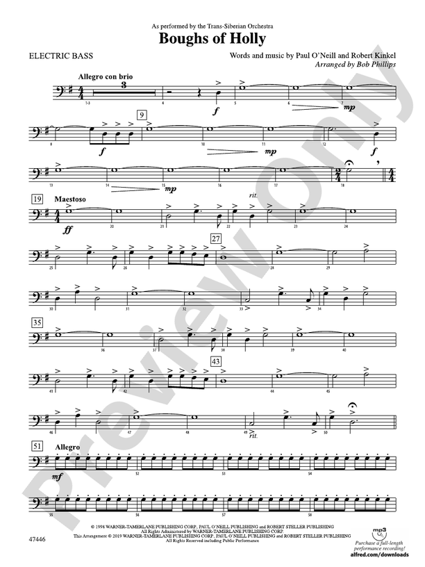 Boughs of Holly: Electric Bass: Electric Bass Part - Digital Sheet ...