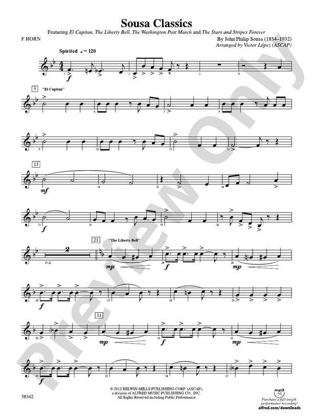 Sousa Classics: 1st F Horn: 1st F Horn Part - Digital Sheet Music Download