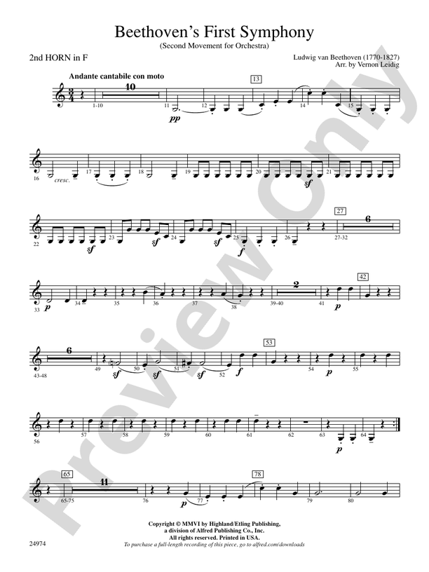 Beethoven's First Symphony, Second Movement: 2nd F Horn: 2nd F Horn Part - Digital Sheet Music ...