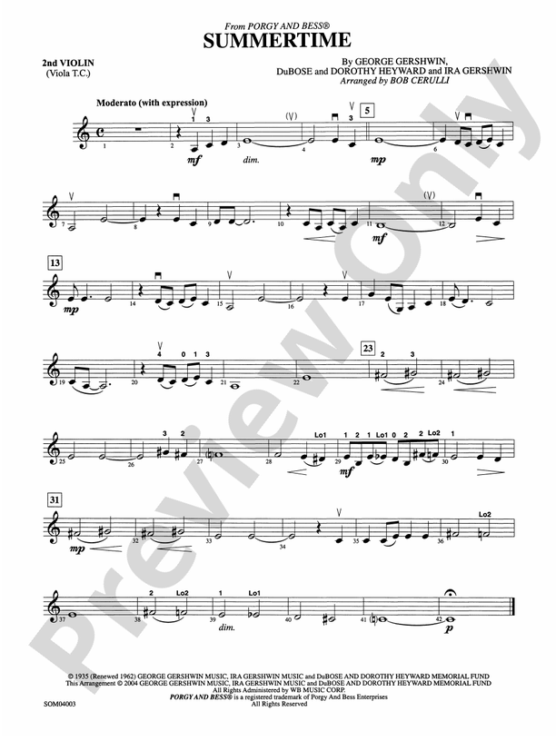 Summertime: 2nd Violin: 2nd Violin Part - Digital Sheet Music Download