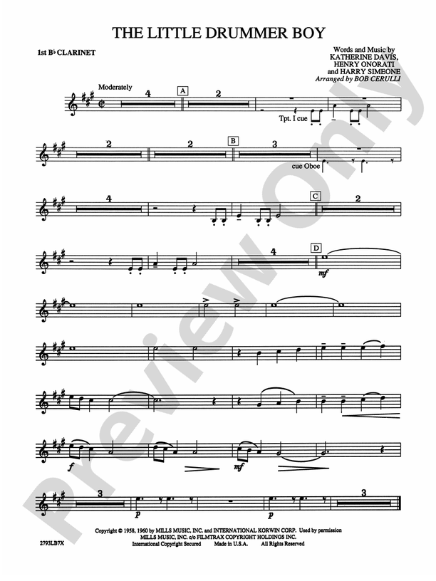 The Little Drummer Boy: 1st B-flat Clarinet: 1st B-flat Clarinet Part ...