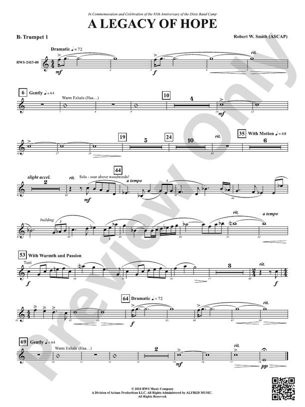 A Legacy of Hope: 1st B-flat Trumpet: 1st B-flat Trumpet Part: Robert W ...
