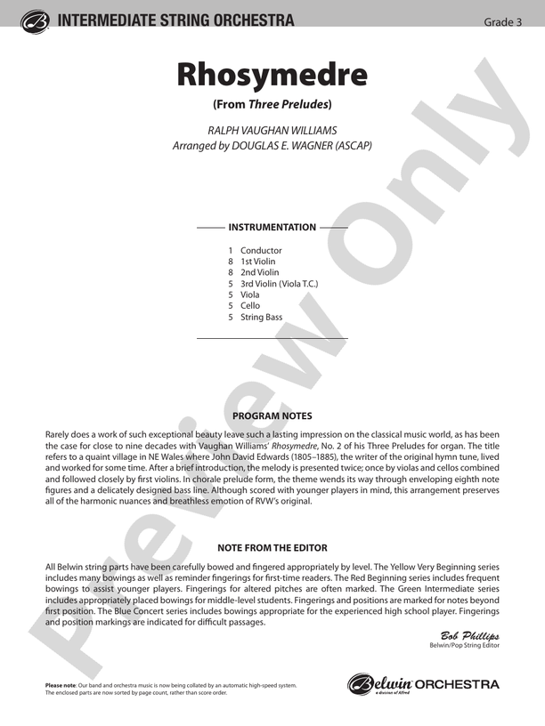 Rhosymedre (from Three Preludes): Score: String Orchestra Score - Digital Sheet Music Download