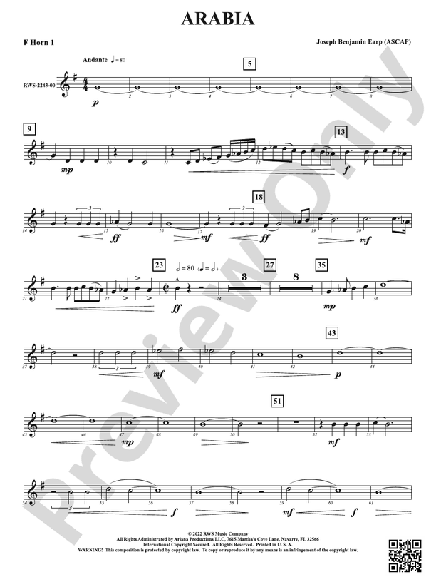Arabia: 1st F Horn: 1st F Horn Part: Joseph Benjamin Earp - Digital ...