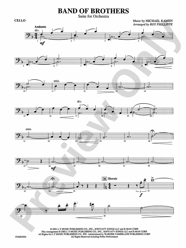Band of Brothers: Cello: Cello Part - Digital Sheet Music Download
