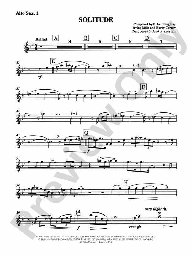 Solitude: E-flat Alto Saxophone: E-flat Alto Saxophone Part - Digital Sheet Music Download