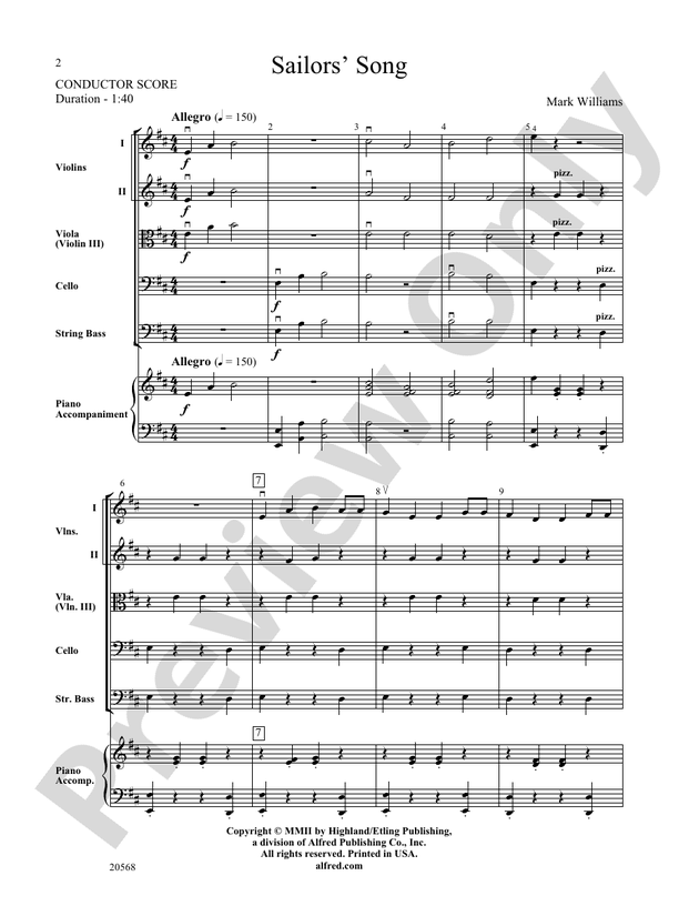 Sailor's Song: String Orchestra Conductor Score & Parts: Mark Williams ...