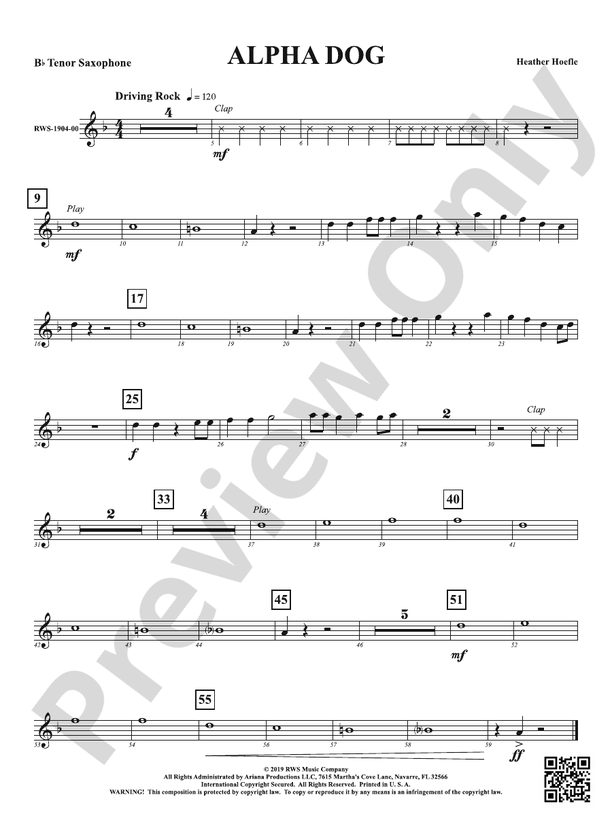 Alpha Dog: B-flat Tenor Saxophone: B-flat Tenor Saxophone Part: Heather ...
