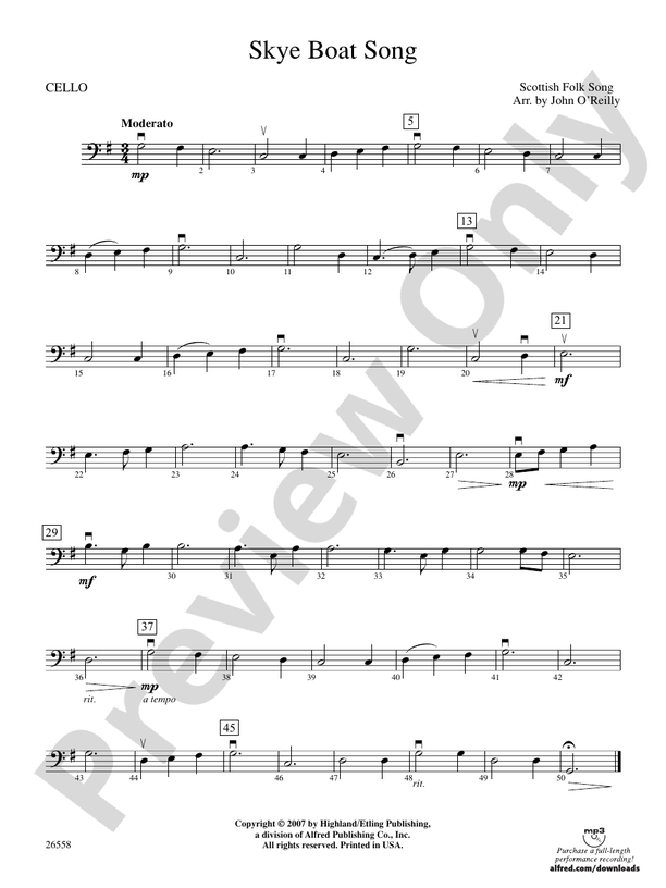 Skye Boat Song: Cello: Cello Part - Digital Sheet Music Download