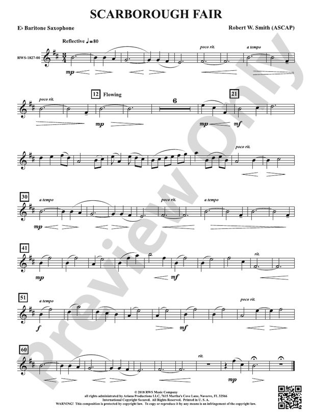 Scarborough Fair: E-flat Baritone Saxophone: E-flat Baritone Saxophone Part: Robert W. Smith ...