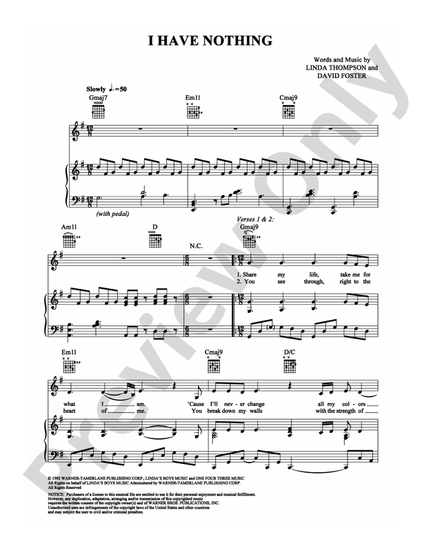 I Have Nothing: Piano/Vocal/Chords: Whitney Houston - Digital Sheet ...