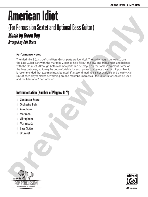 American Idiot: Score: Percussion Ensemble Score - Digital Sheet Music ...