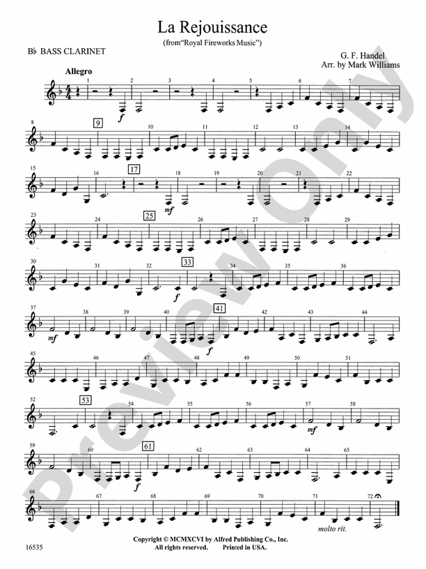 La Rejouissance from Royal Fireworks Music: B-flat Bass Clarinet: B ...