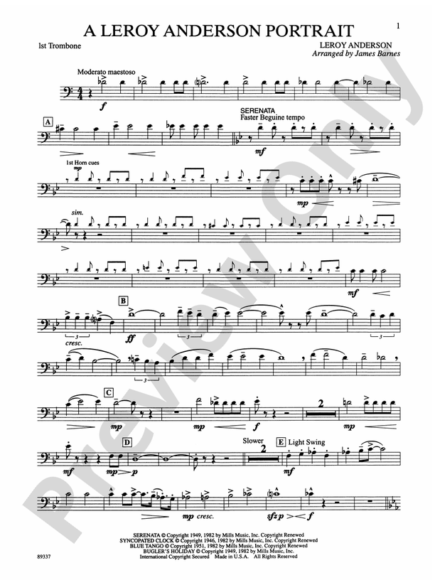 Leroy Anderson Portrait: 1st Trombone: 1st Trombone Part - Digital ...
