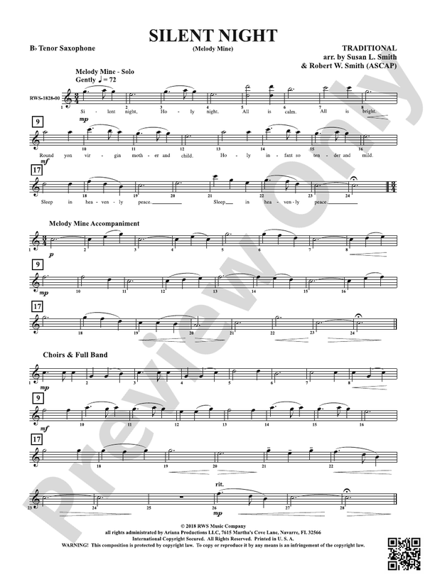 Silent Night - Melody Mine: B-flat Tenor Saxophone: B-flat Tenor ...