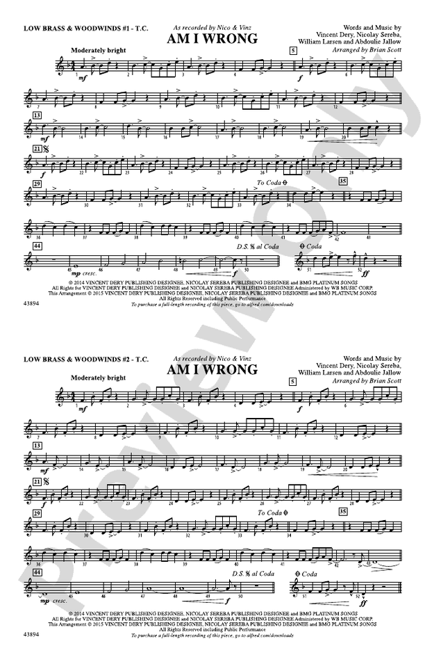 Am I Wrong: Low Brass & Woodwinds #1 - Treble Clef: Low Brass ...