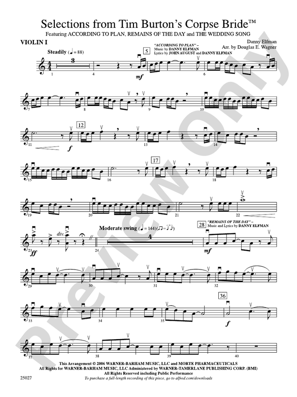 Corpse Bride, Selections from Tim Burton's: 1st Violin: 1st Violin Part ...