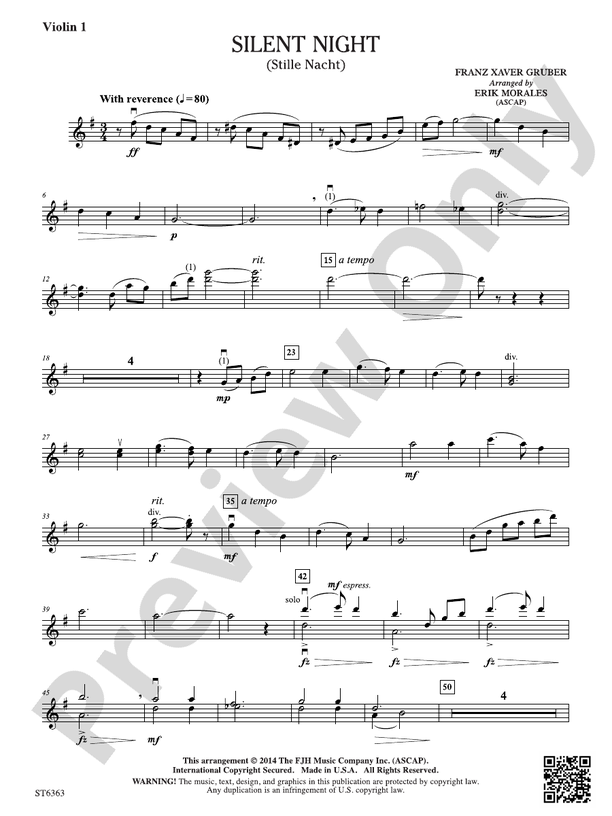 Silent Night: Violin 1: Violin 1 Part: Franz Xavier Gruber - Digital Sheet Music Download