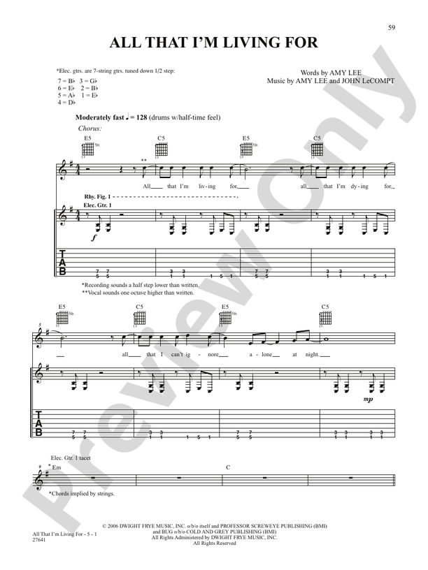 All That I'm Living For: Guitar: Evanescence - Digital Sheet Music Download