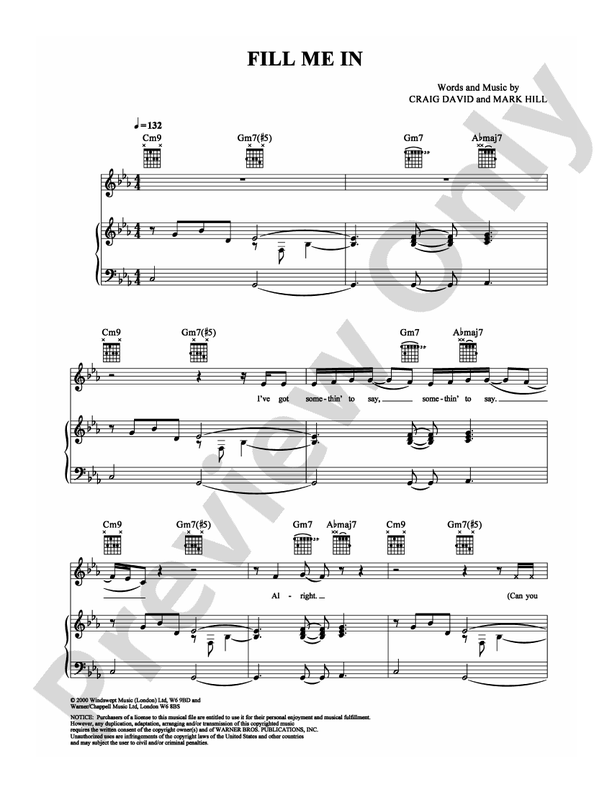 Fill Me In: Piano/Vocal/Chords: Craig David - Digital Sheet Music Download