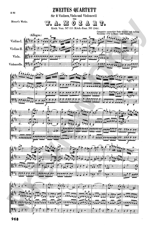 Mozart: String Quartets: String Quartet in D Major, K. 155 Part - Digital Sheet Music Download