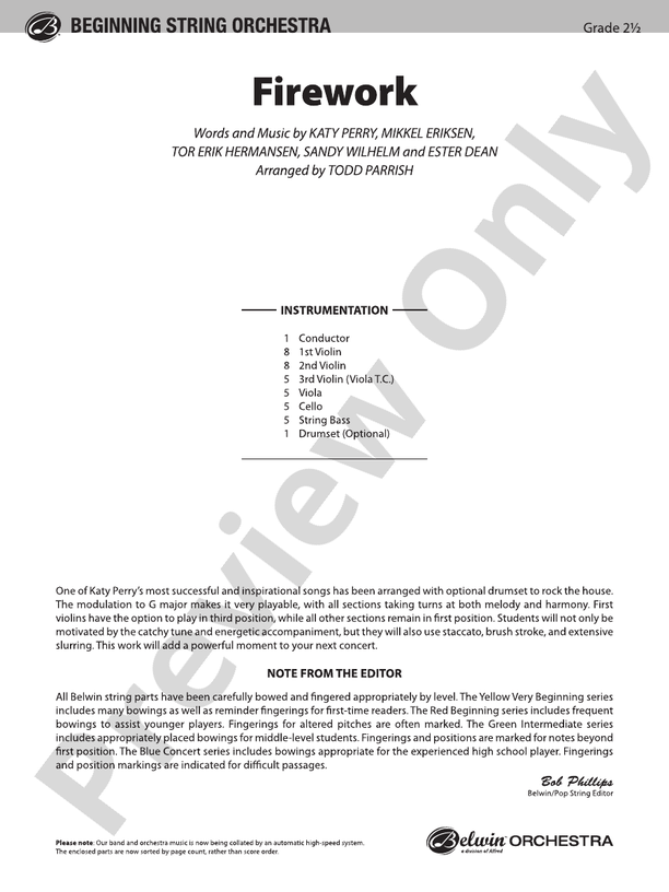 Firework: String Orchestra Conductor Score & Parts: Katy Perry ...