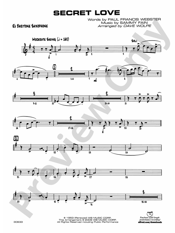 Secret Love: E-flat Baritone Saxophone: E-flat Baritone Saxophone Part - Digital Sheet Music ...