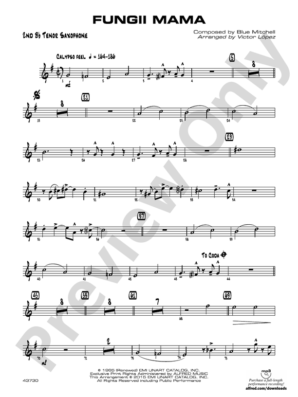 Fungii Mama: 2nd B-flat Tenor Saxophone: 2nd B-flat Tenor Saxophone Part - Digital Sheet Music ...