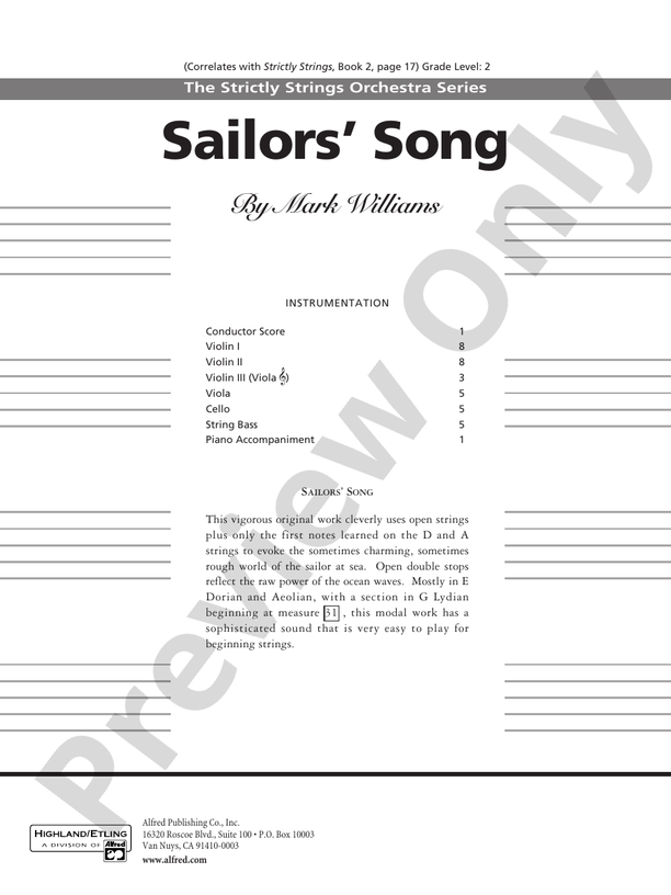 Sailor's Song: String Orchestra Conductor Score & Parts: Mark Williams ...