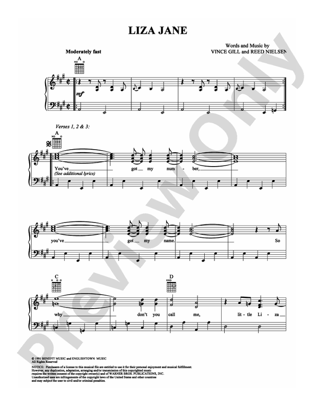 Liza Jane: Piano/Vocal/Chords: Vince Gill - Digital Sheet Music Download