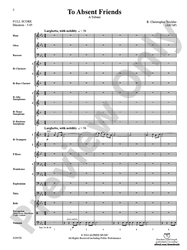 To Absent Friends: Concert Band Conductor Score & Parts: R. Christopher ...