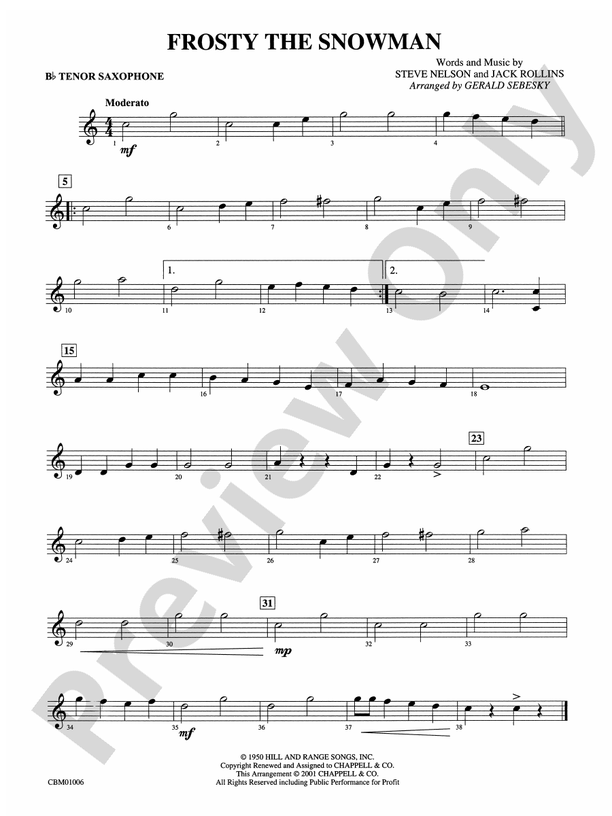 Frosty the Snowman: B-flat Tenor Saxophone: B-flat Tenor Saxophone Part ...