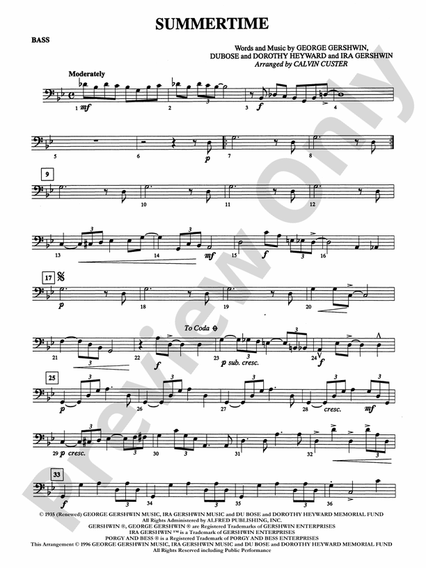 Summertime (from Porgy and Bess): String Bass: String Bass Part - Digital Sheet Music Download