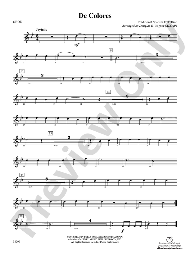 De Colores: Oboe: Oboe Part - Digital Sheet Music Download
